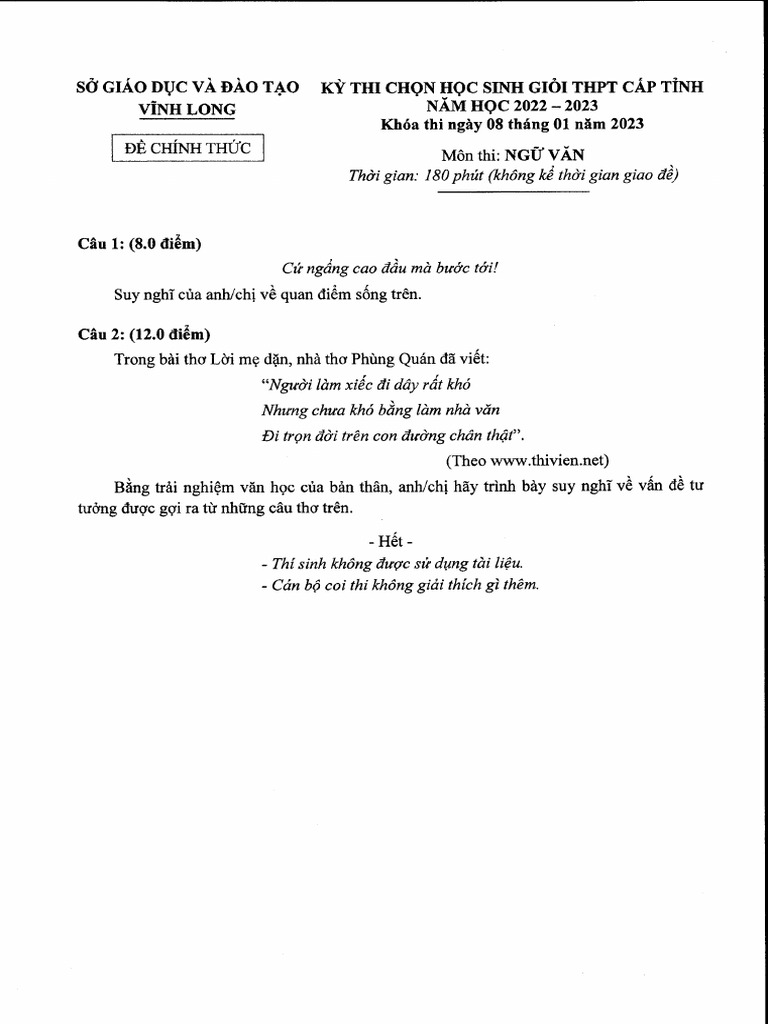 De Hoc Sinh Gioi Ngu Van THPT Cap Tinh Nam 2022 2023 So GDDT Vinh Long | PDF