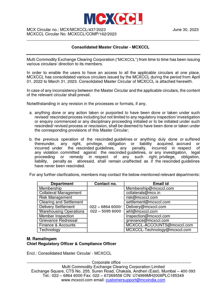 MCXCCL Master Circular-2023 | PDF
