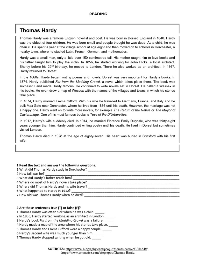 Thomas Hardy Reading Reading Comprehension Exercises 99664 | PDF