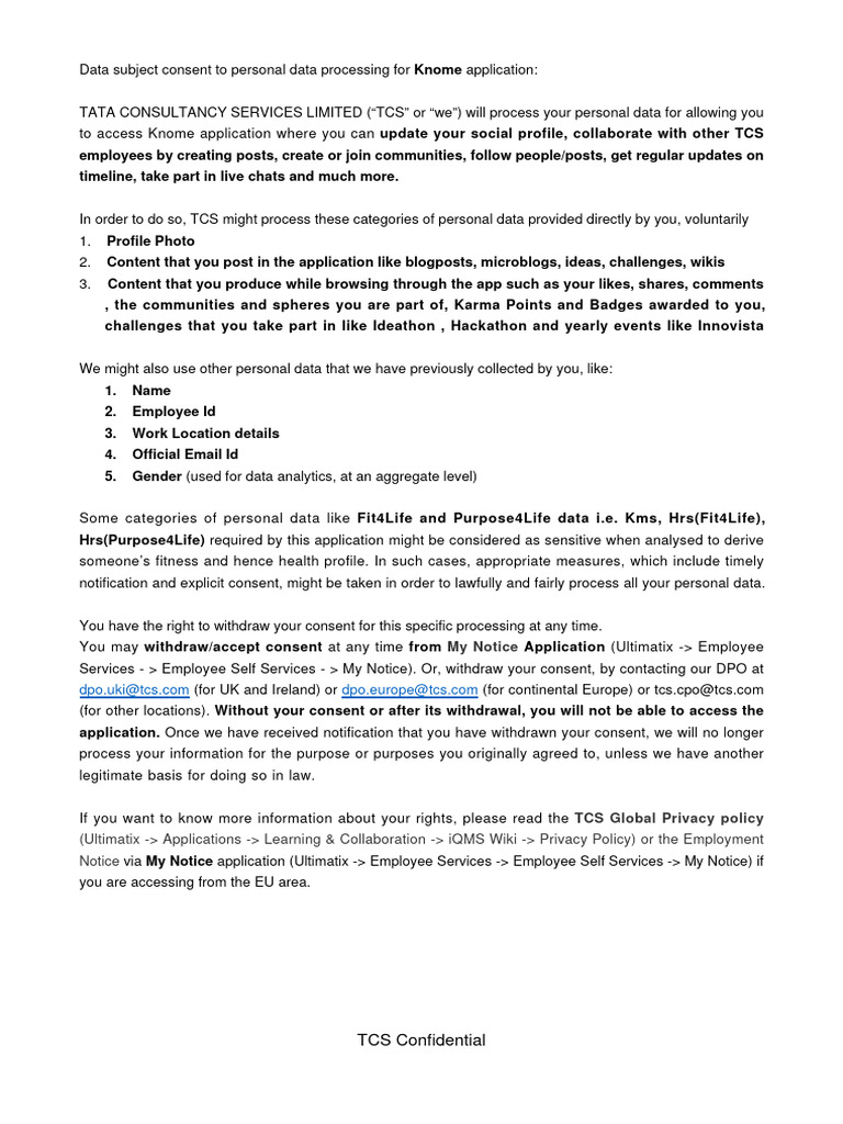 TCS Knome Data Consent Guide | PDF | Privacy | Employment