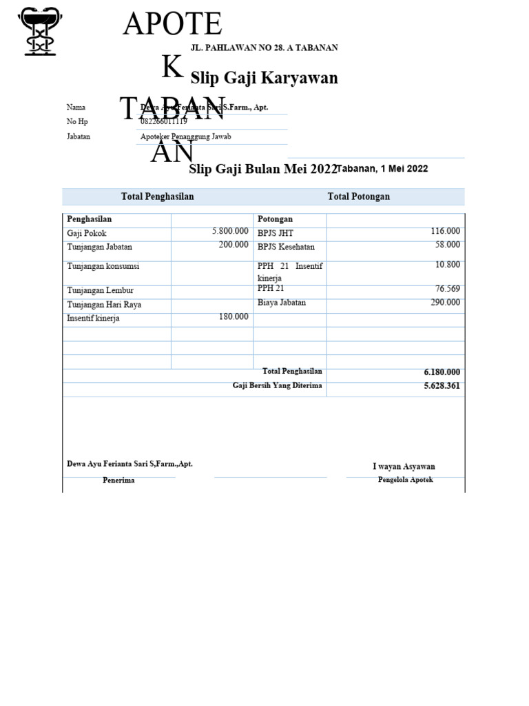 Slip Gaji Apoteker Mei 2022 | PDF