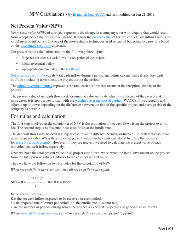Formulas and Calculation: NPV Calculations | Download Free PDF | Net Present Value | Present Value