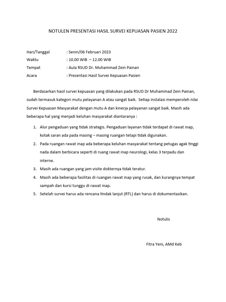 Notulen Presentasi Hasil Survei Kepuasan Pasien 2022 | PDF