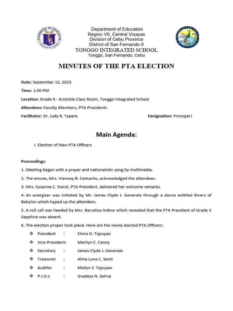 September 15 2023 PTA Election Minutes | PDF