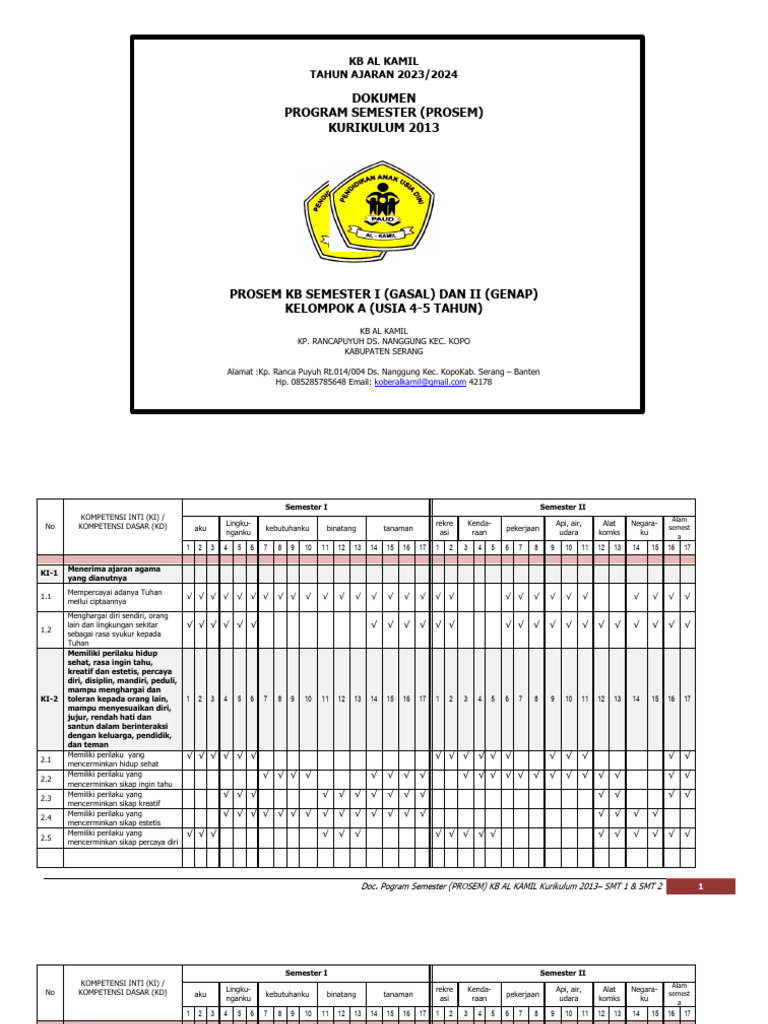 Prosem TK A 4-5 Tahun k13 Semester 1,2 | PDF