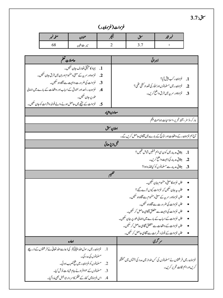 Islamiyat Grade 5 Unit 3.7 Lecture 2 Lesson Plan | PDF