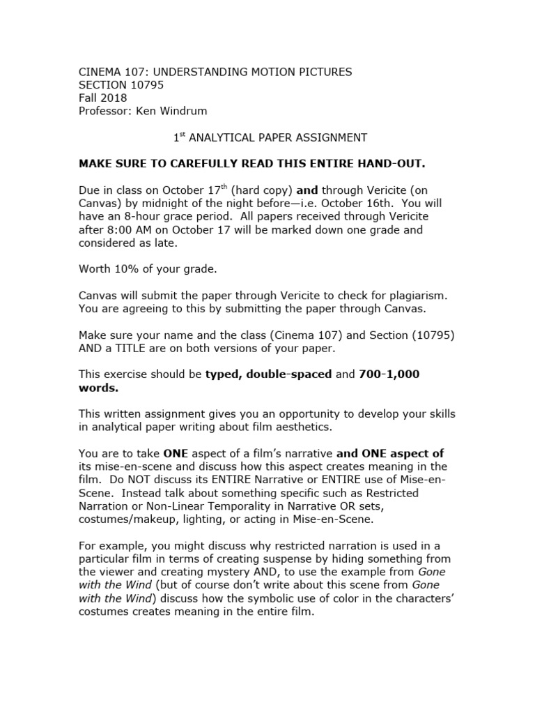 Cinema 107 Paper 1 Handout Fall 2018 107951 | PDF | Language Arts ...