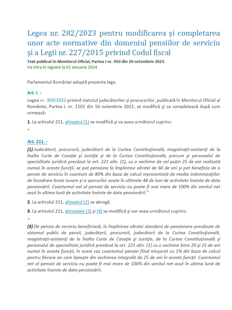 Legea Nr. 282 - 2023 Pentru Modificarea Şi Completarea Unor Acte ...