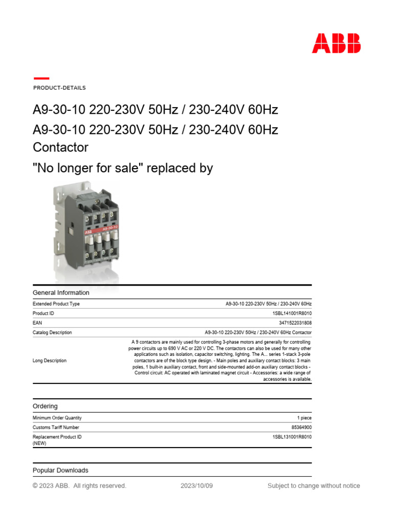(ABB) (A9-30-10 (1SBL141001R8010) ) (4 KW) | PDF