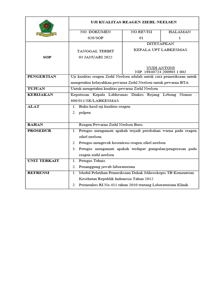 Sop Uji Kualitas Reagen Ziehl Neelsen | PDF
