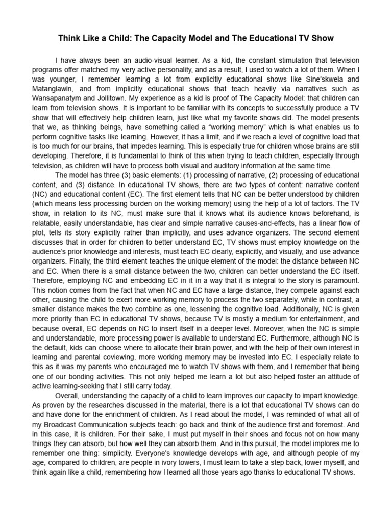 Think Like A Child - The Capacity Model and The Educational TV Show | PDF