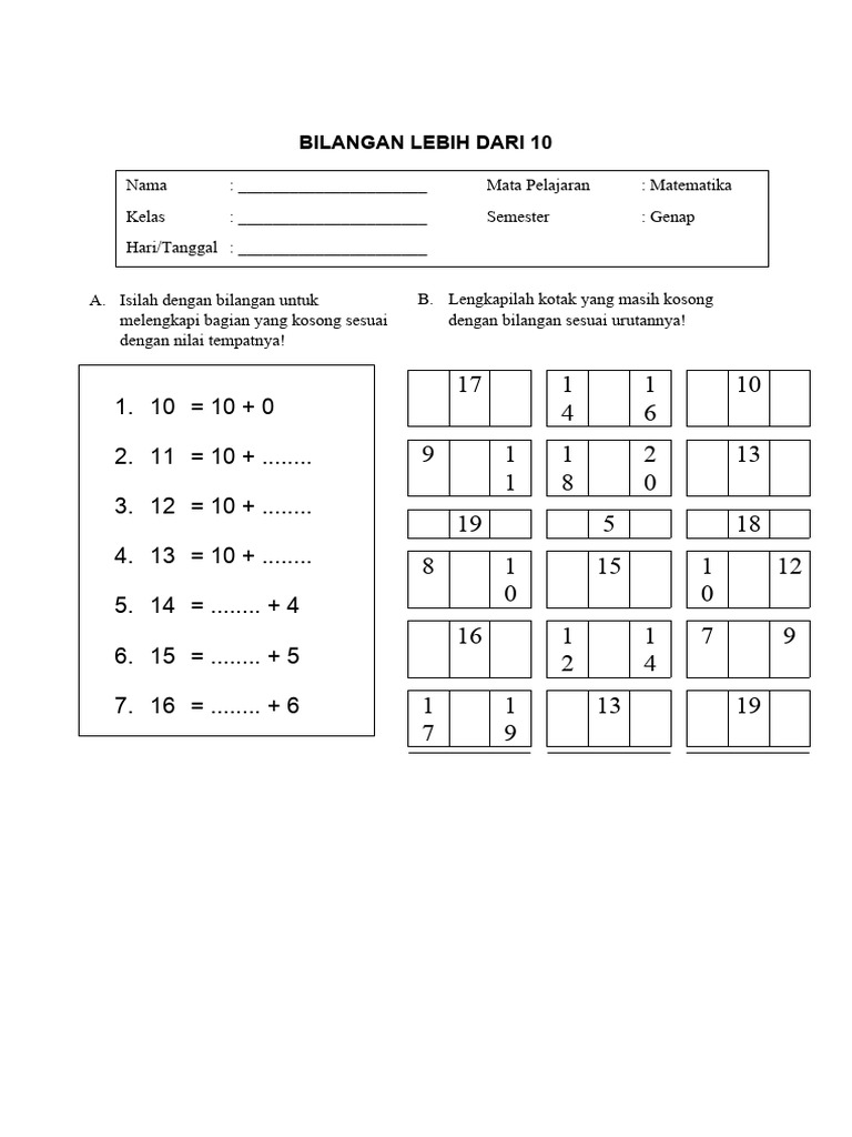 Soal Matematika Kelas 1: Bilangan >10 | PDF