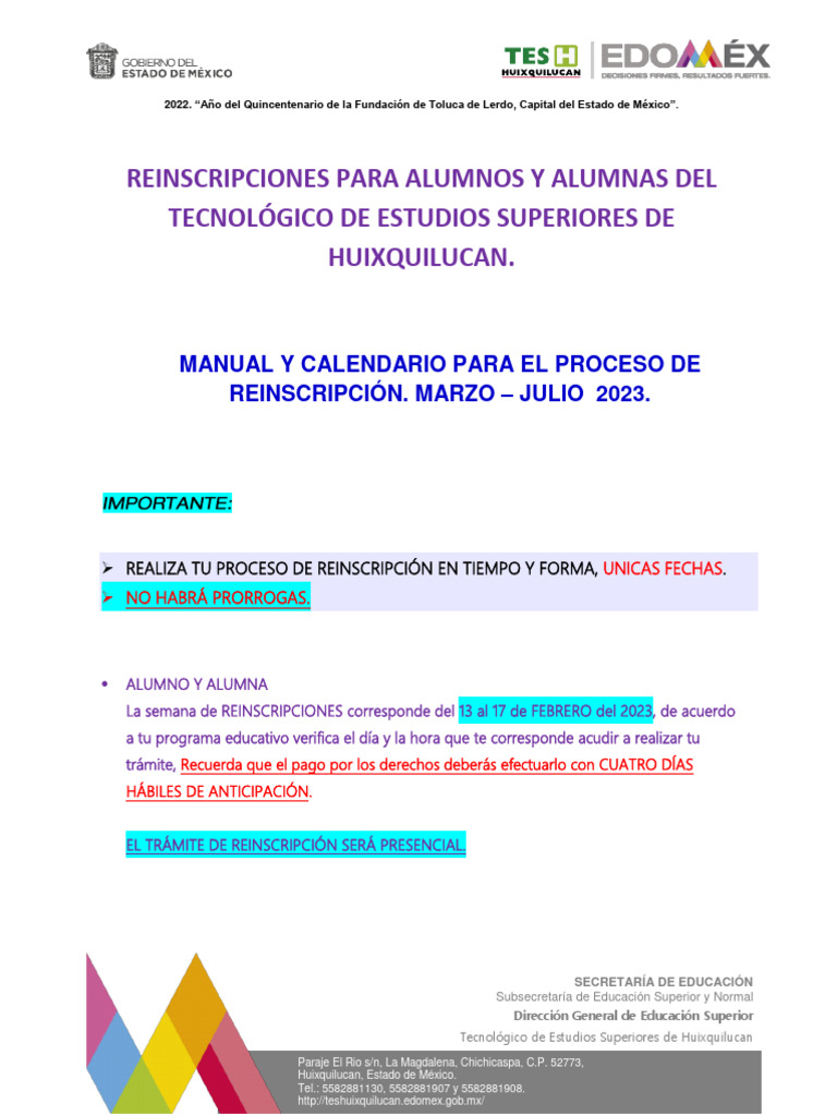 Reinscripciones TESH Huixquilucan 2023 | PDF | Ingeniería