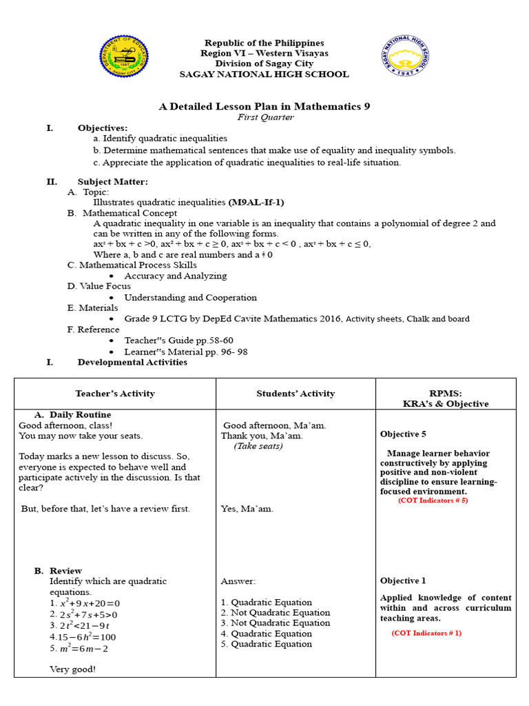 Quadratic Inequalities Lesson Plan | PDF | Quadratic Equation | Mathematics