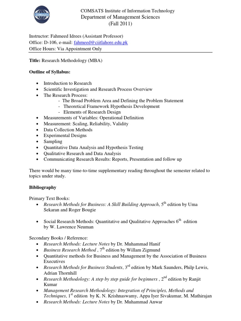 Research Course Outline For Resarch Methodology Fall 2011 Mba Pdf