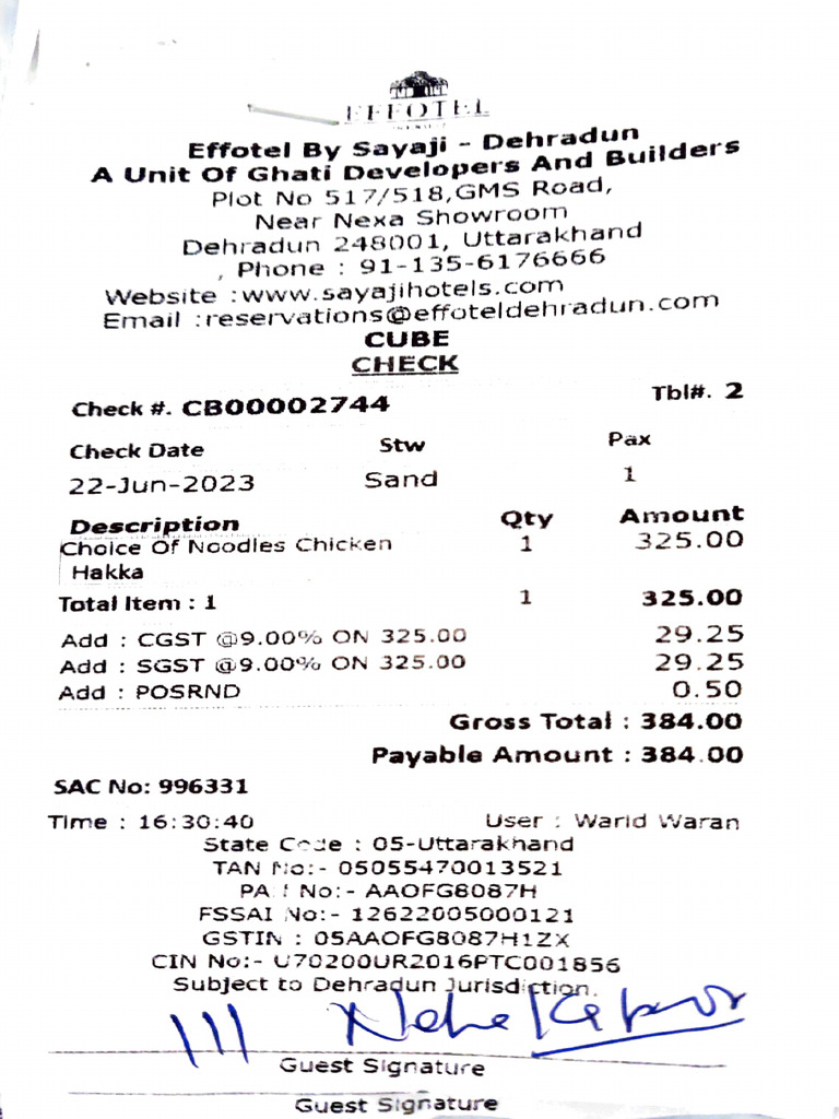 Uttarakhand Food Bill with GST Details | PDF