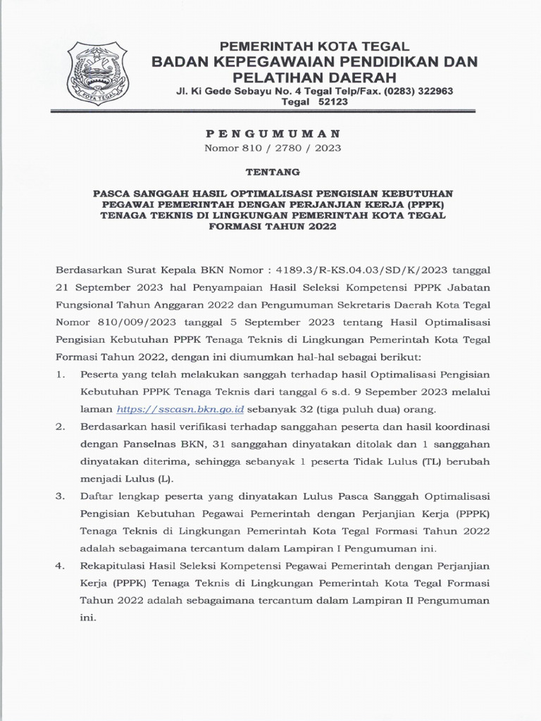 Pengumuman Pasca Sanggah Hasil Optimalisasi PPPK Teknis 2022 - Opt | PDF