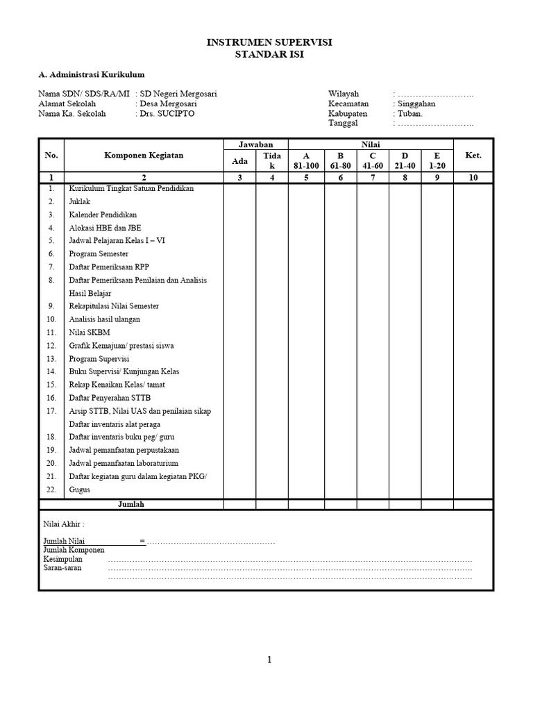 Instrumen Supervisi SD Mergosari | PDF