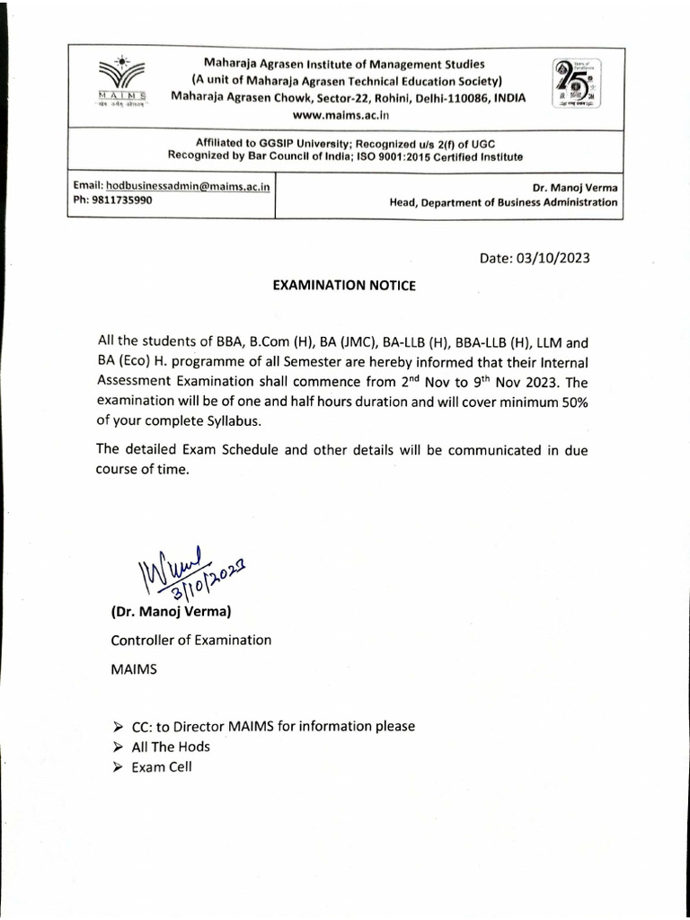 Internal Exam Notice | PDF