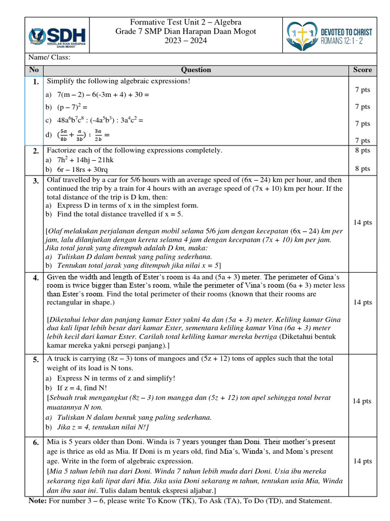 'Remedial Formative Test - Algebra Gr. 7 (2023-2024) | PDF