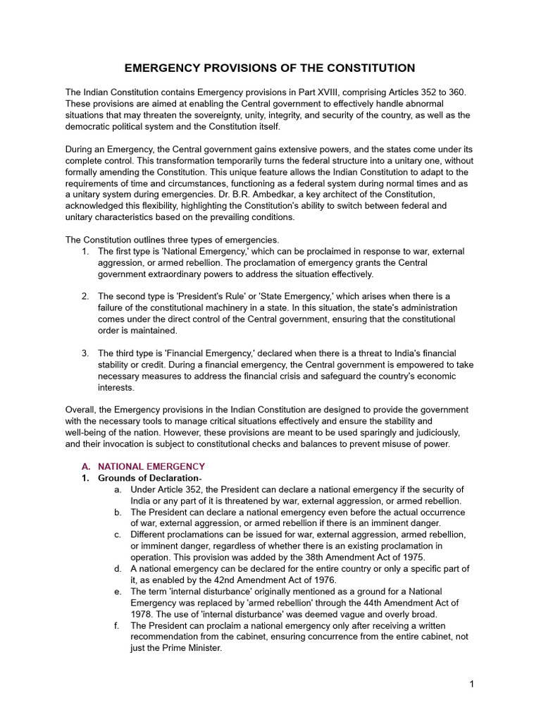 Emergency Provisions of The Constitution | PDF