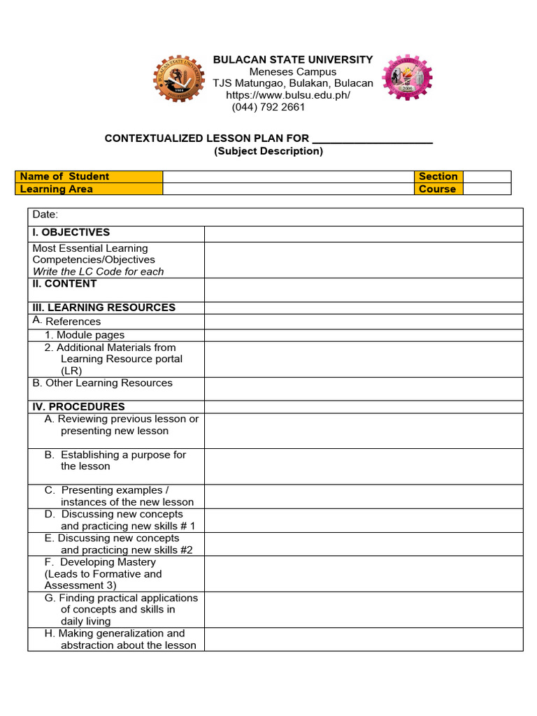 Contextualized Lesson Plan Template | PDF | Lesson Plan | Learning