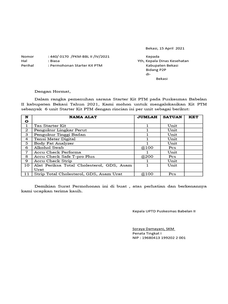 Surat Permohonan Starter Kit PTM | PDF