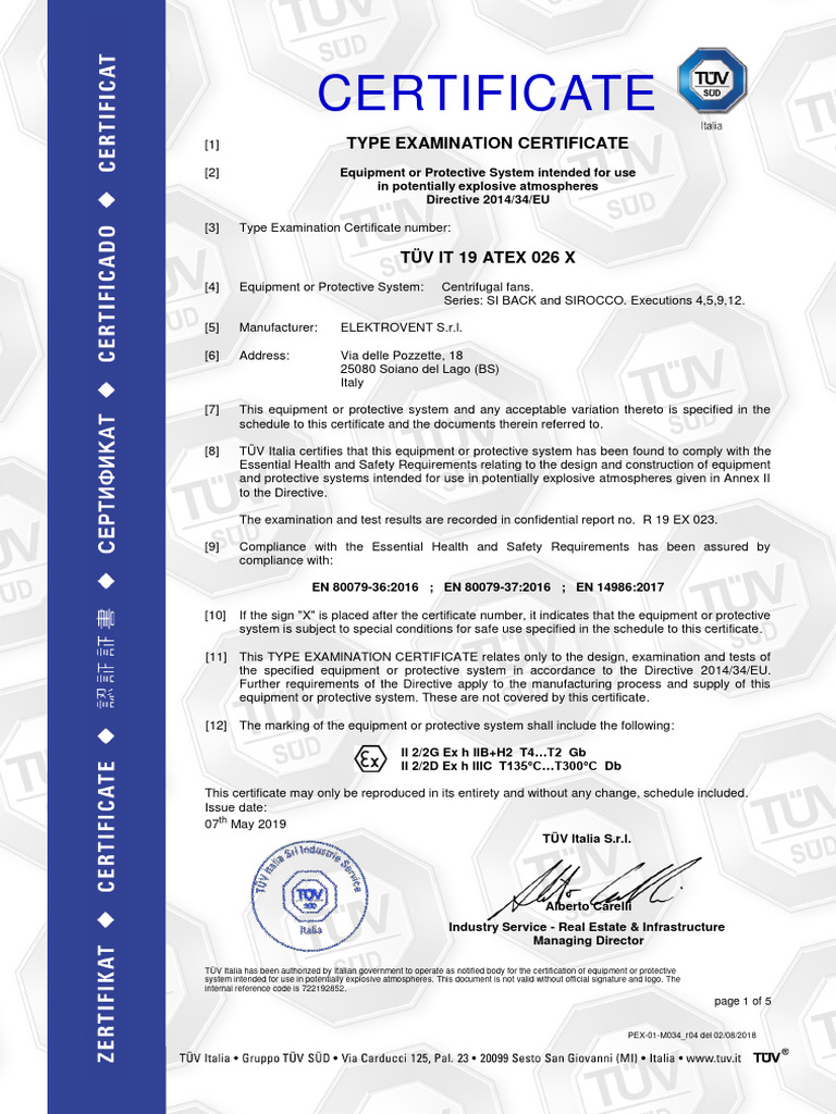 Certificate TUV IT 19 ATEX 026 X (May-2019) | PDF | Manufactured Goods | Mechanical Engineering