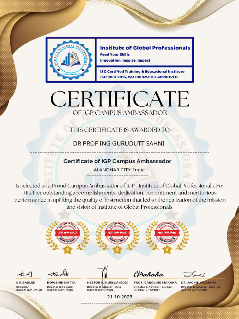 CE DR PROF ING GURUDUTT SAHNI Certificate Ambassador | PDF