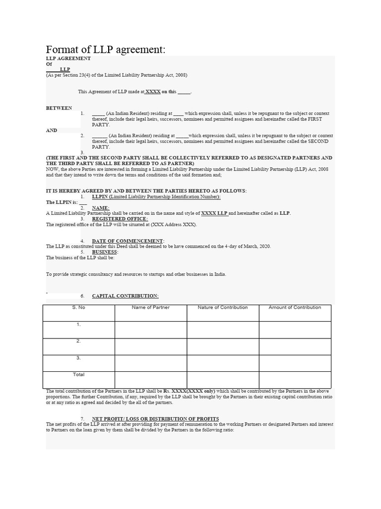Format of LLP Agreement | PDF | Limited Liability Partnership | Indemnity