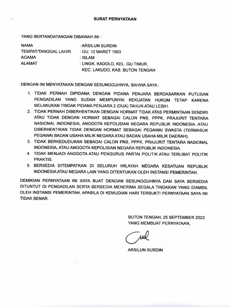 Surat Pernyataan PPPK Sultra | PDF Surat Pernyataan PPPK Sultra | PDF