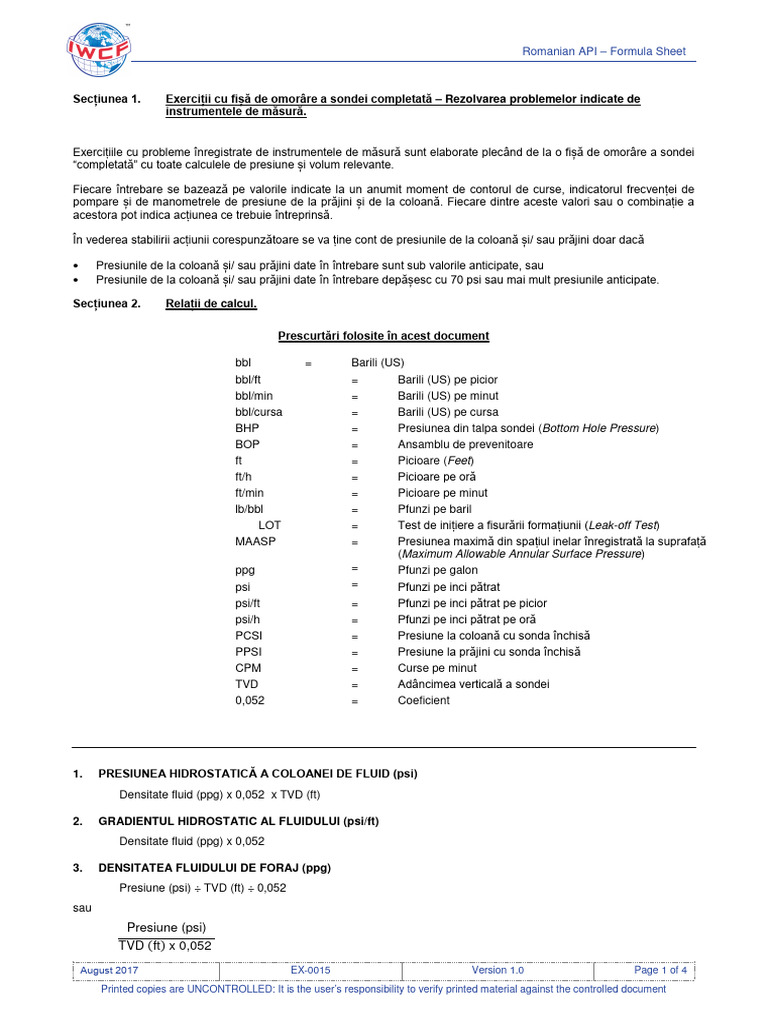 EX 0015 Drilling Romanian API Formula Sheet | PDF