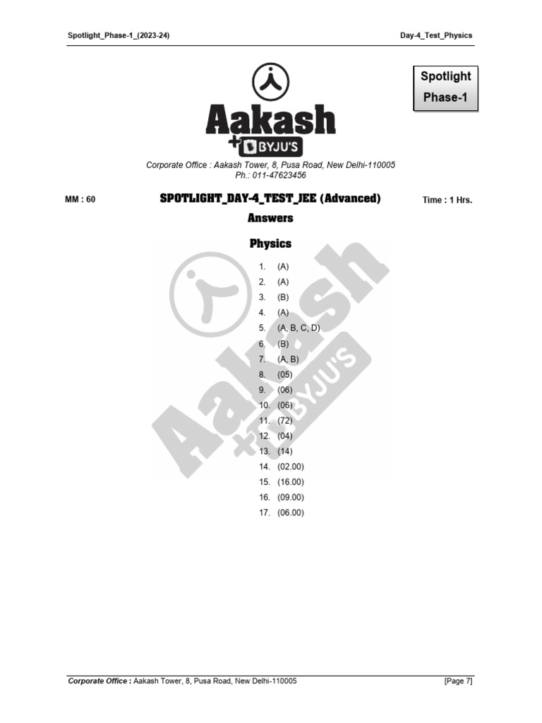 Spotlight Phase-1 (2023-24) Day-4 Test Physics (2023-P-2) (Answer Key ...