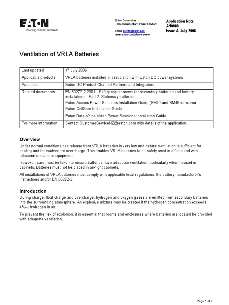 AN0080 A2 Ventilation of Battery Rooms or Enclosures | PDF | Battery ...