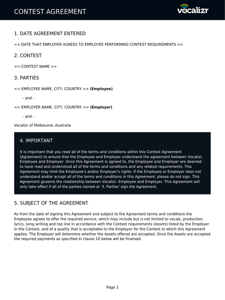 Agreement Contest Template | Download Free PDF | Indemnity | Royalty ...