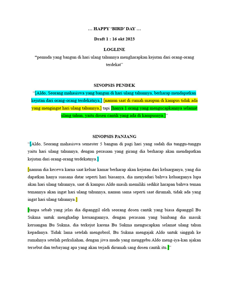 Logline, Sinopsis Panjang, Sinopsis Pendek - Happy 'Bird' Day | PDF