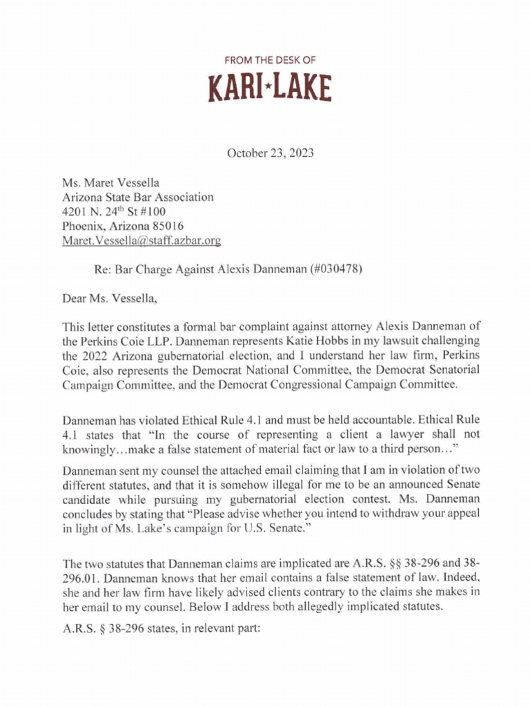 Kari Lake's Bar Complaint Against Perkins Coie Attorney | PDF