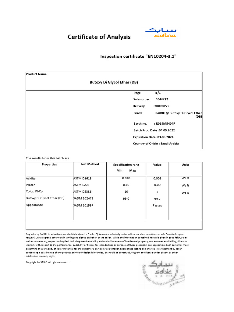 Certificate of Analysis | PDF