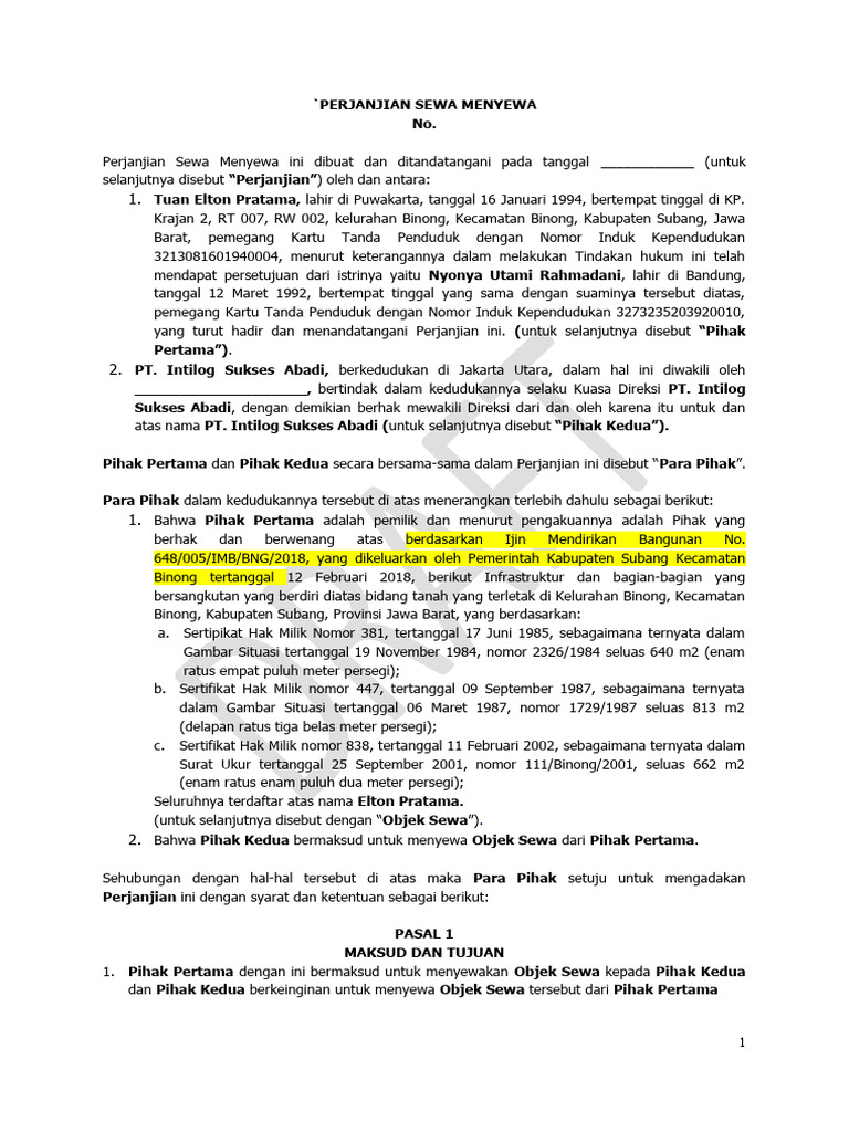 Perjanjian Sewa Menyewa Objek di Subang | PDF | Pengelolaan Keuangan ...
