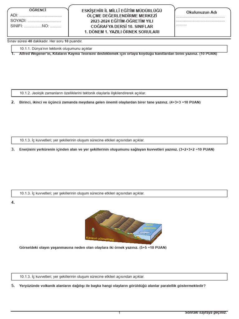 2023-2024 10. Sinif 1. Doynem 1. Sinav Oyrnek Sorulari | PDF