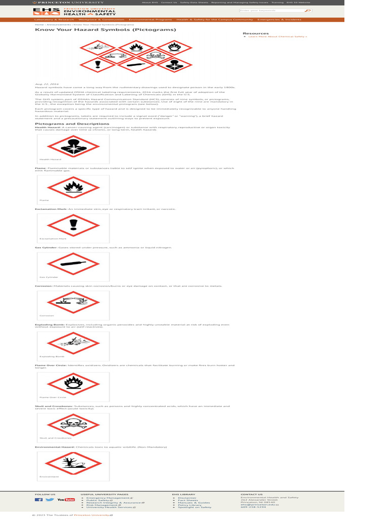 Know Your Hazard Symbols (Pictograms) Office of Environmental Health and Safety PDF | PDF