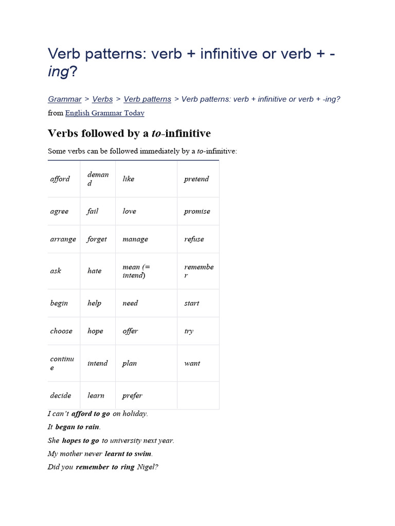 Verb Patterns Ing and To | PDF | Verb | Subject (Grammar)