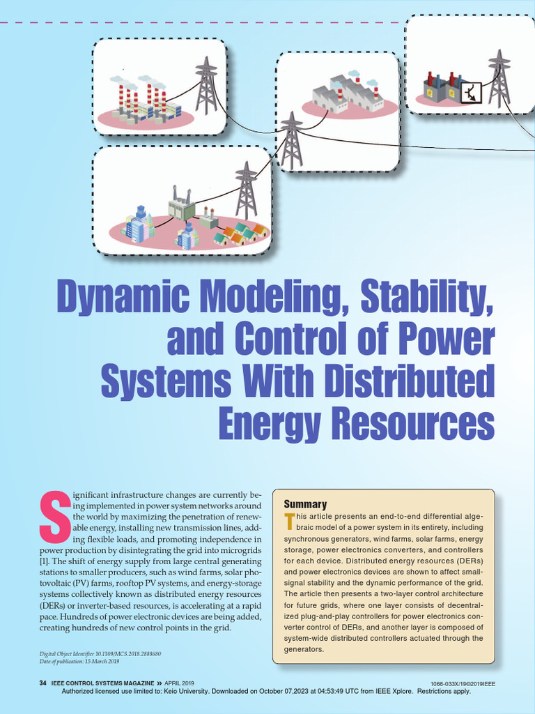 Dynamic Modeling Stability and Control of Power Systems With Distributed Energy Resources ...