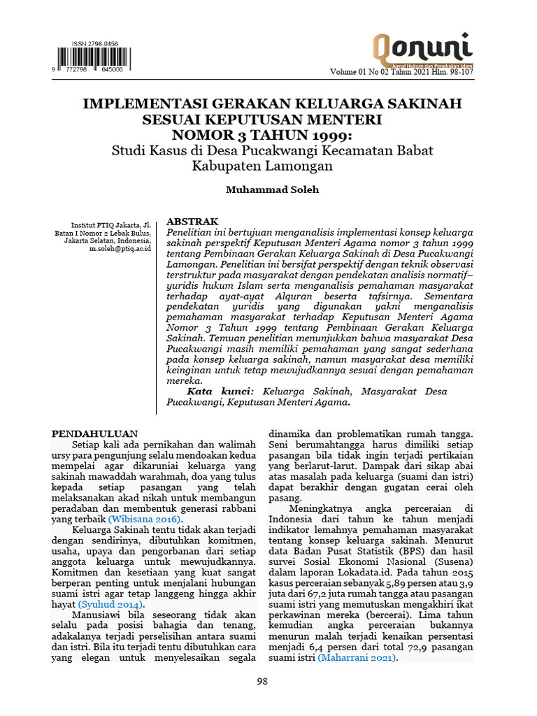 Admin, 5. (98-107) Muhammad Soleh - IMPLEMENTASI KELUARGA SAKINAH | PDF