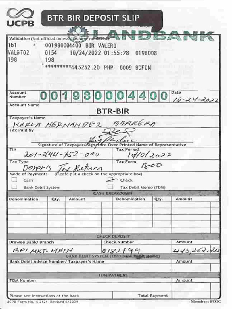 BTR Bir Deposit Sup: Ucpb " A P PC | Download Free PDF | Tax Refund | Taxes