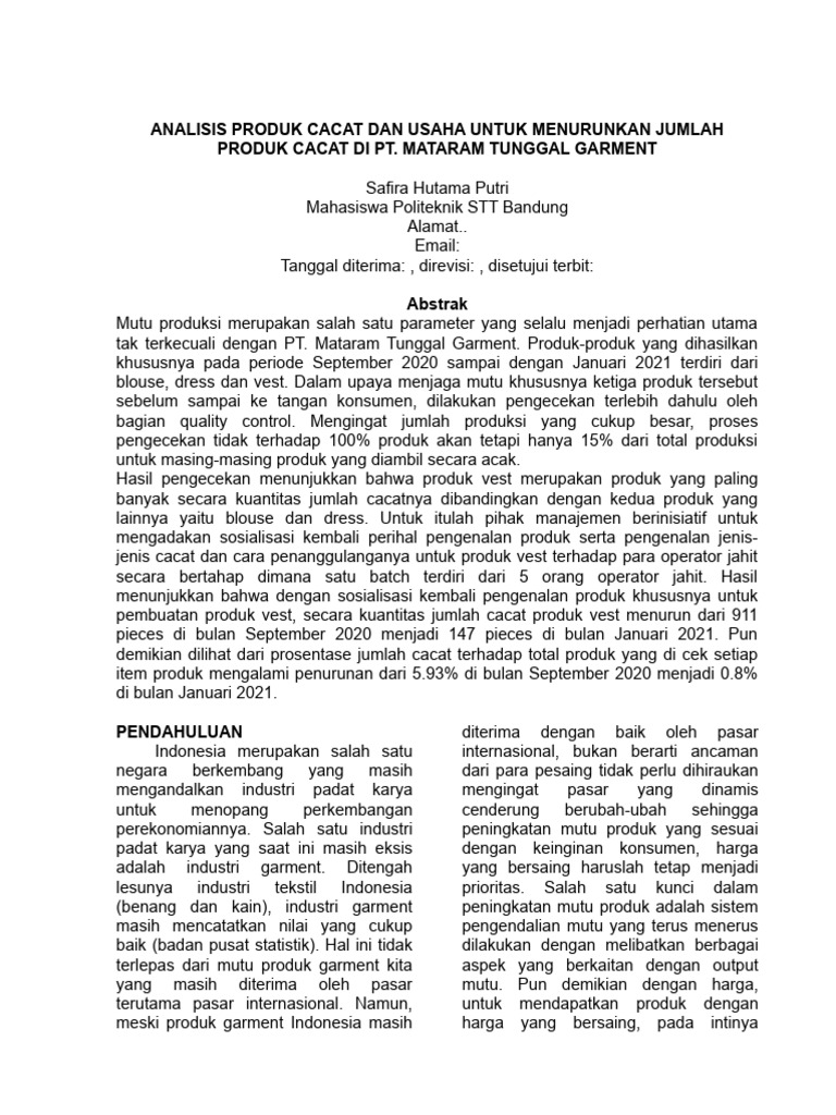Analisis Produk Cacat Dan Usaha Untuk Menurunkan Jumlah Produk Cacat Di ...