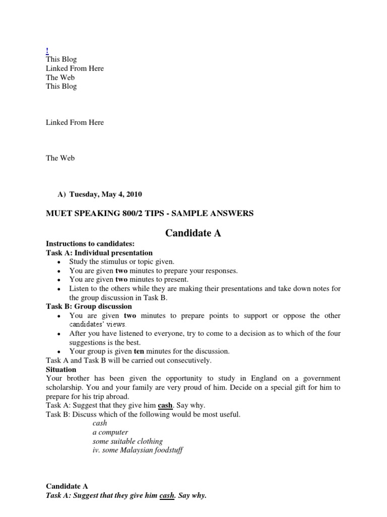 Candidate A: Muet Speaking 800/2 Tips - Sample Answers | PDF | Malaysia ...