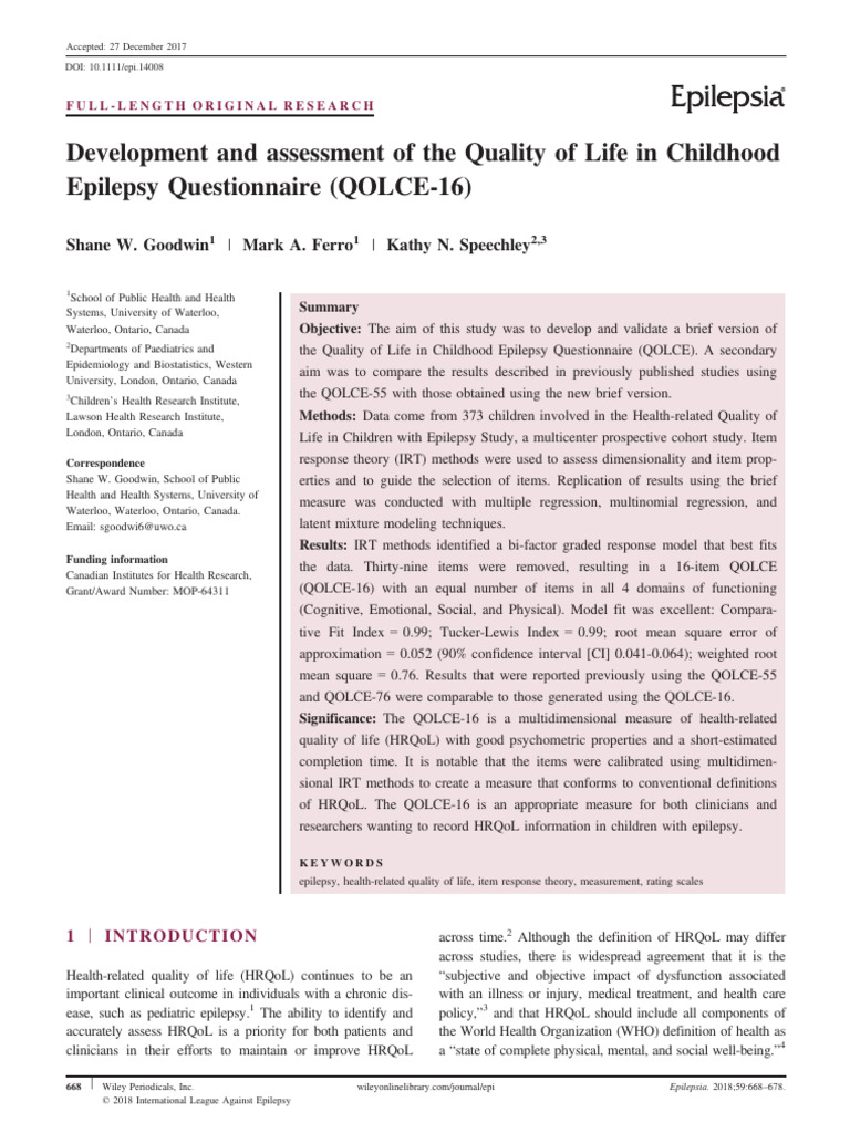 Epilepsia - 2018 - Goodwin - Development and Assessment of The Quality of Life in Childhood ...