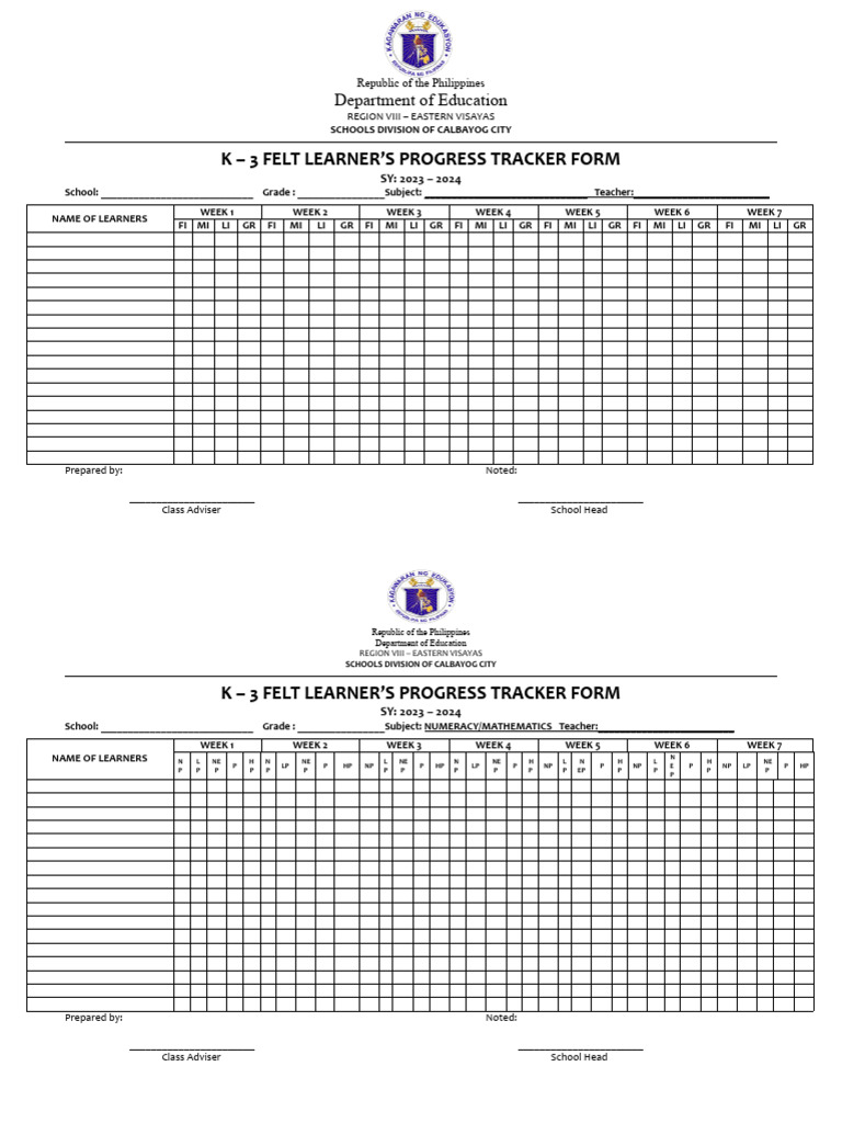 K-3 FELT Learner Progress Tracker Form | PDF