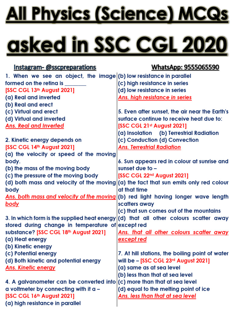 SSC CGL Physics MCQs August 2021 | PDF | Teaching Methods & Materials
